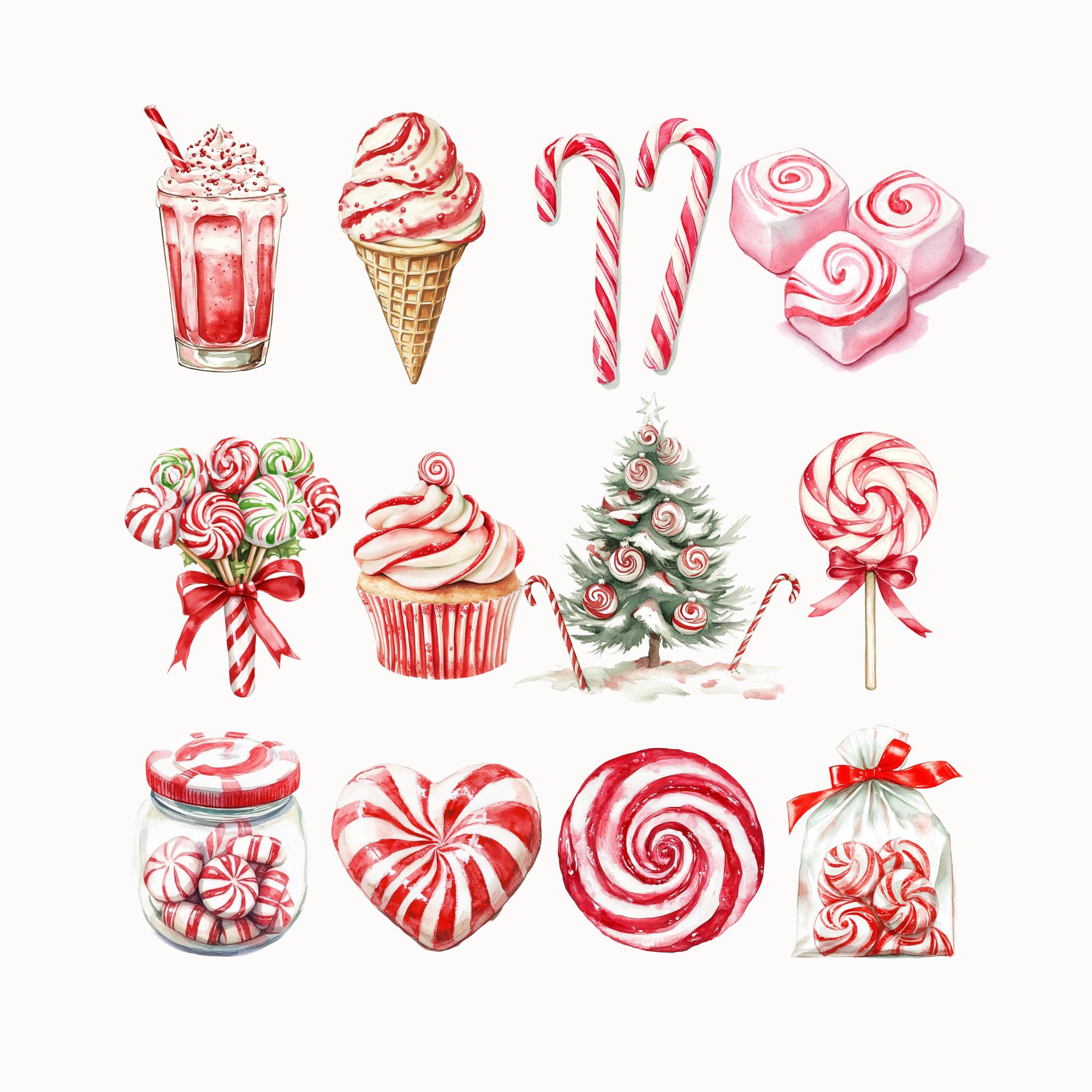 Watercolor Peppermint Clipart, Candy Cane Illustration, Christmas ...