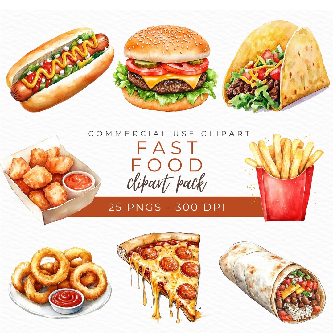 Fast Food Clipart, Watercolor PNG, Burger and Fries Illustration, Junk ...