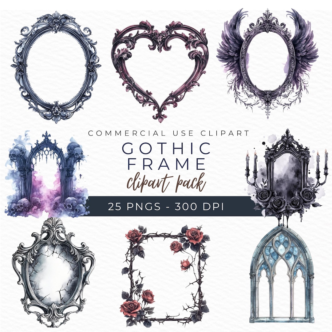 Gothic Frame Clipart, Watercolor PNG, Ornate Vintage Design, Dark ...