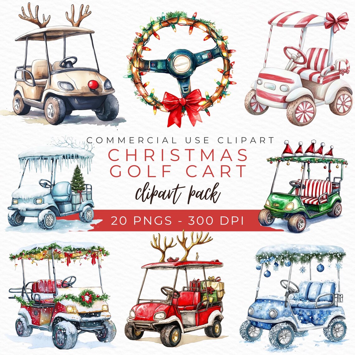 Christmas Golf Cart Clipart, Holiday Golf Illustration, Festive Sports ...