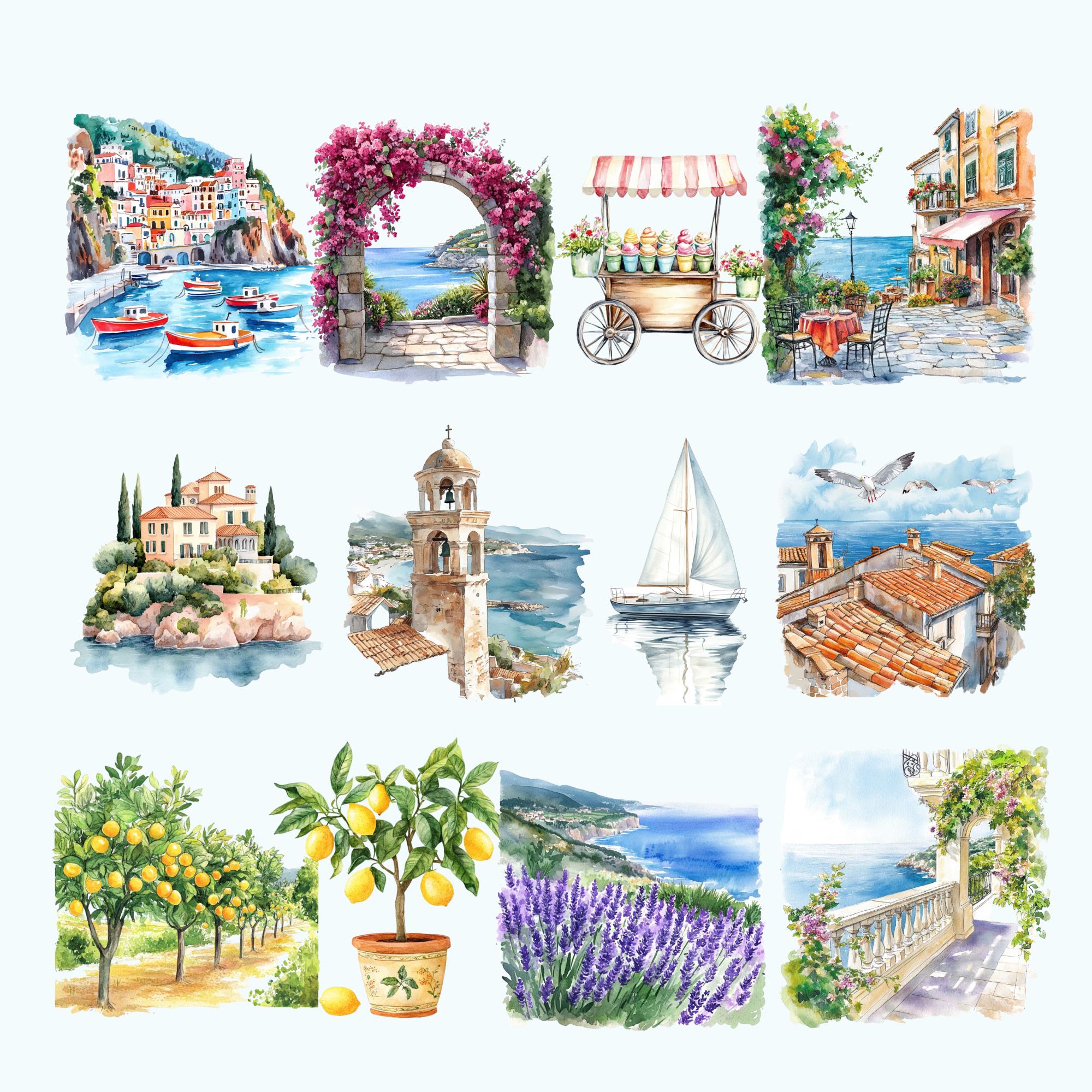 Italian Coast Clipart, Amalfi Coast Art, Watercolor Mediterranean ...