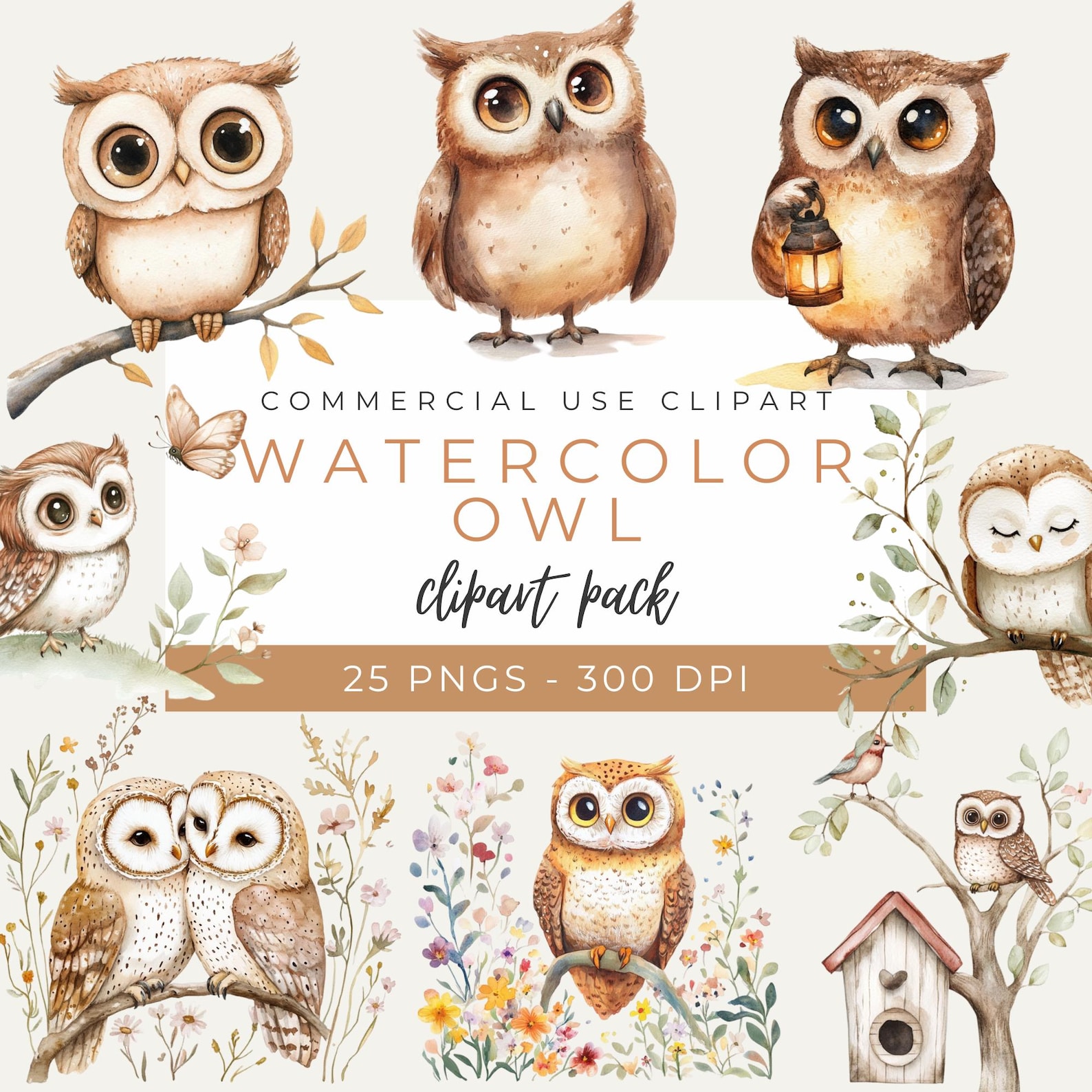 Watercolor Owl Clipart Pack, Cute Owl Illustrations, Woodland Bird Art ...