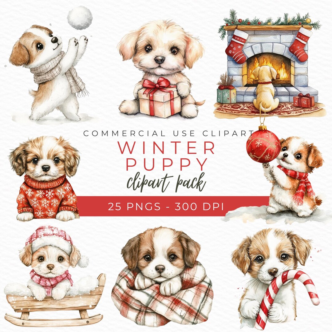Winter Puppy Clipart, Christmas Dog Art, Cozy Holiday Graphics, Cute ...