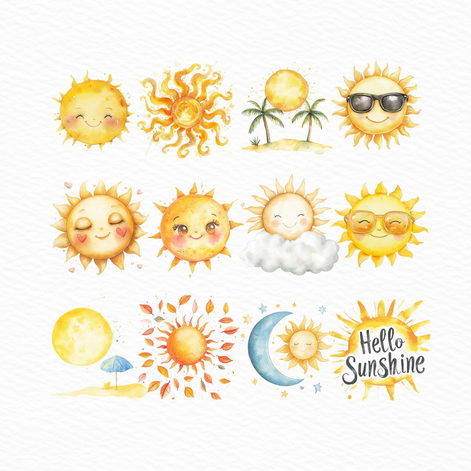Cute Sun Clipart, Sun PNG, Watercolor Sunshine Art, Boho Sun ...
