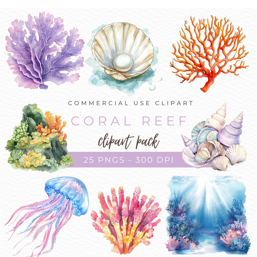 Coral Reef Clipart, Watercolor PNG, Ocean Life Illustration, Marine ...