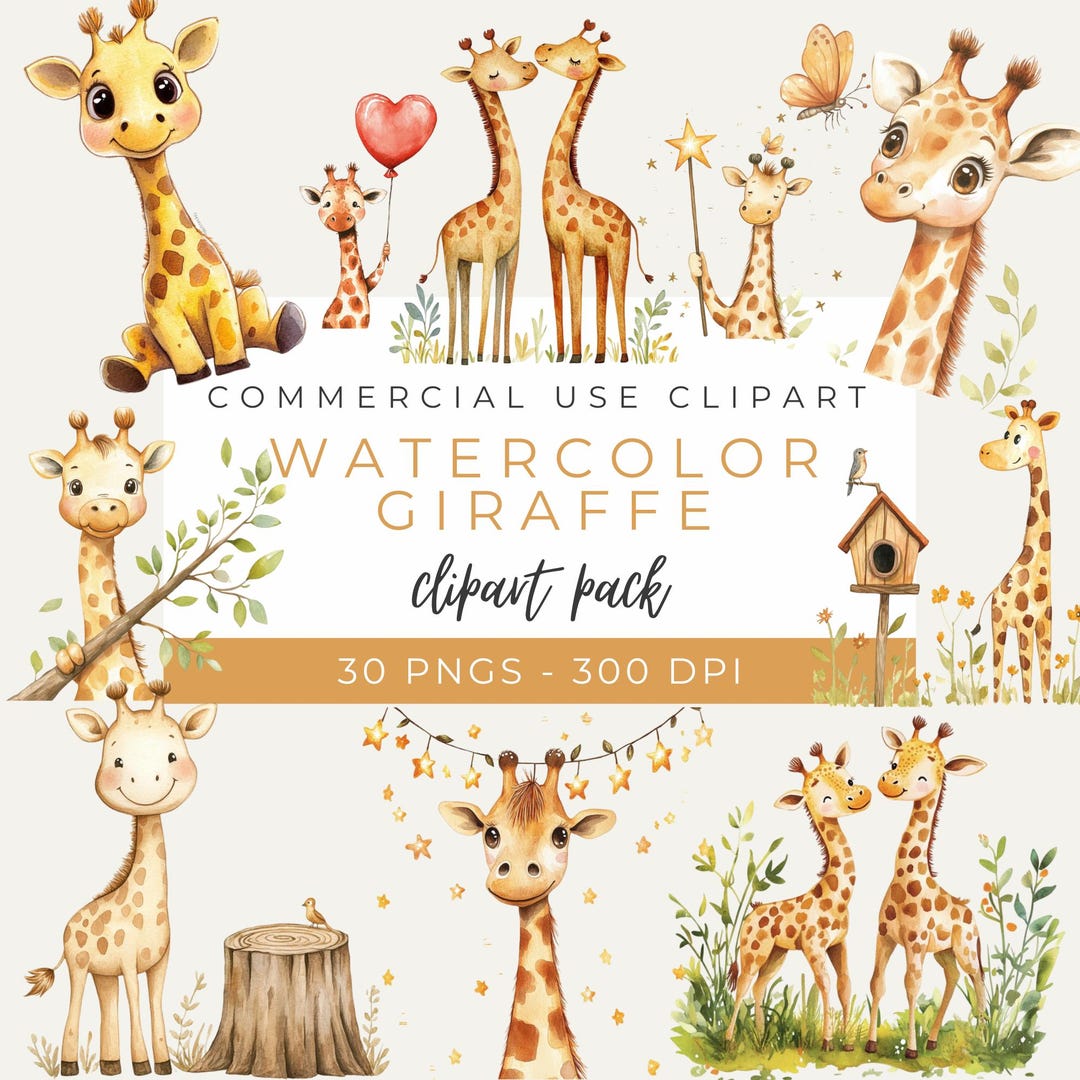 Watercolor Giraffe Clipart Pack, Cute Safari Animal Illustrations ...