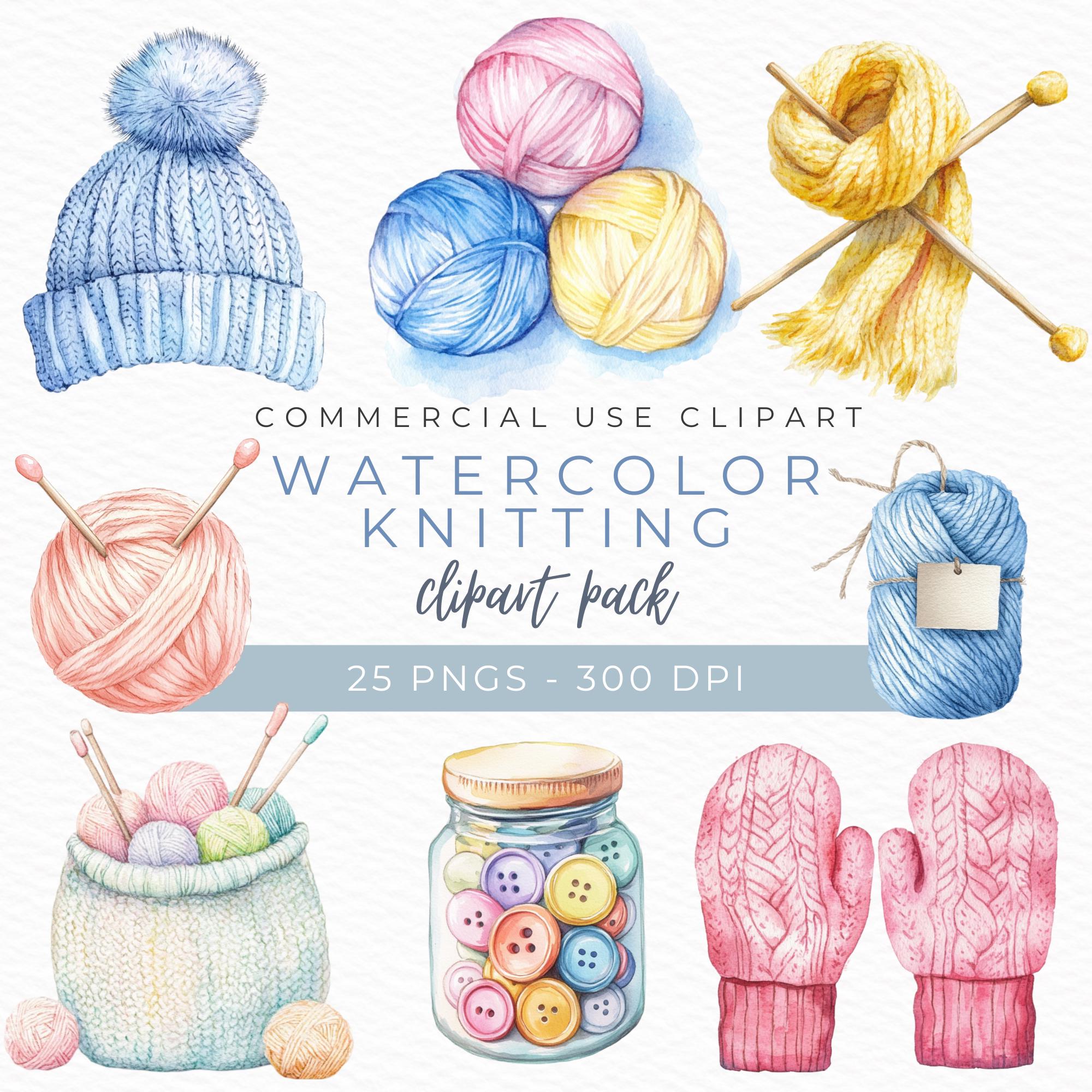 Watercolor Knitting Clipart, Yarn PNG, Crochet Art, Knitting Supplies ...