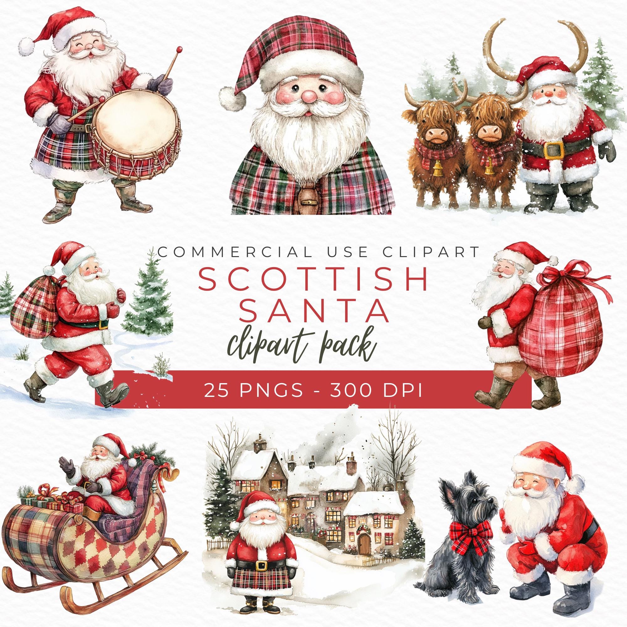 Scottish Santa Clipart, Santa in Kilt Illustration, Highland Christmas ...