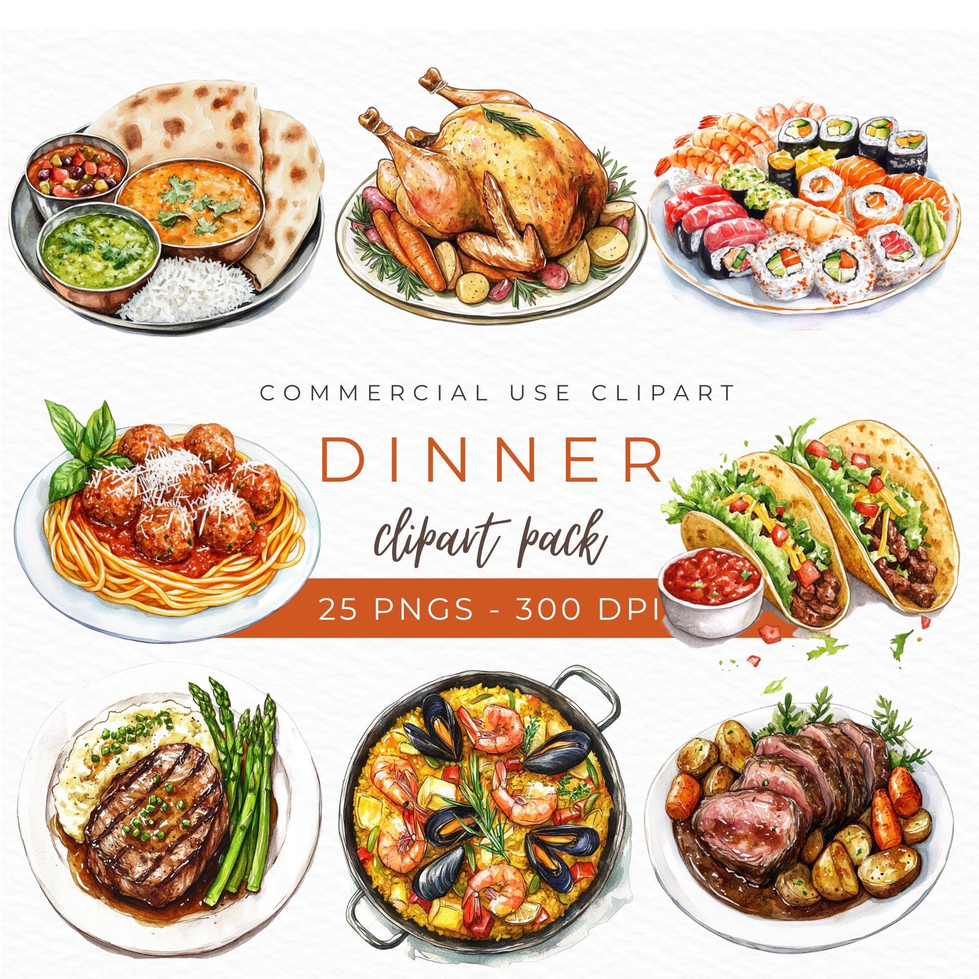 Dinner Clipart, Watercolor PNG, Family Meal, Dinner Party Illustration ...