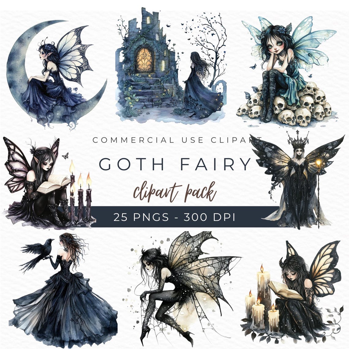 Goth Fairy Watercolor Clipart: Dark Fantasy PNG Graphics (instant ...