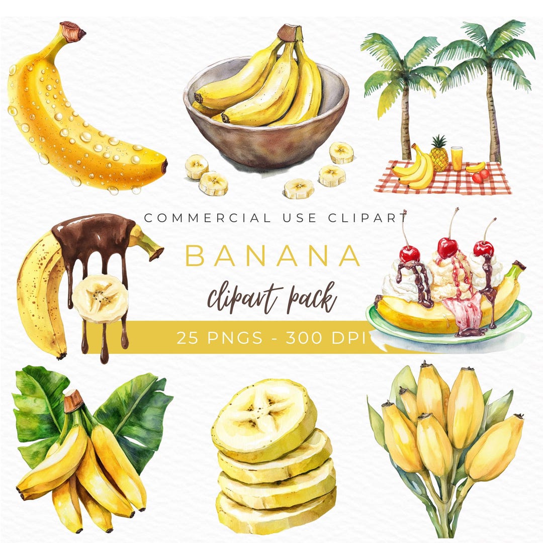 Banana Clipart, Cute Banana PNG, Watercolor Banana, Banana Bunch ...