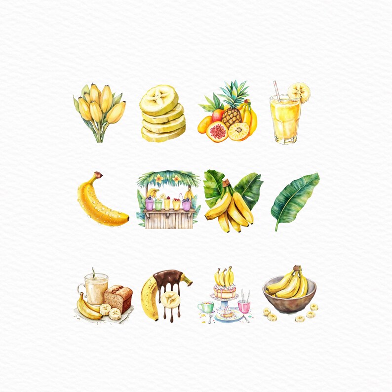 Banana Clipart, Cute Banana PNG, Watercolor Banana, Banana Bunch ...