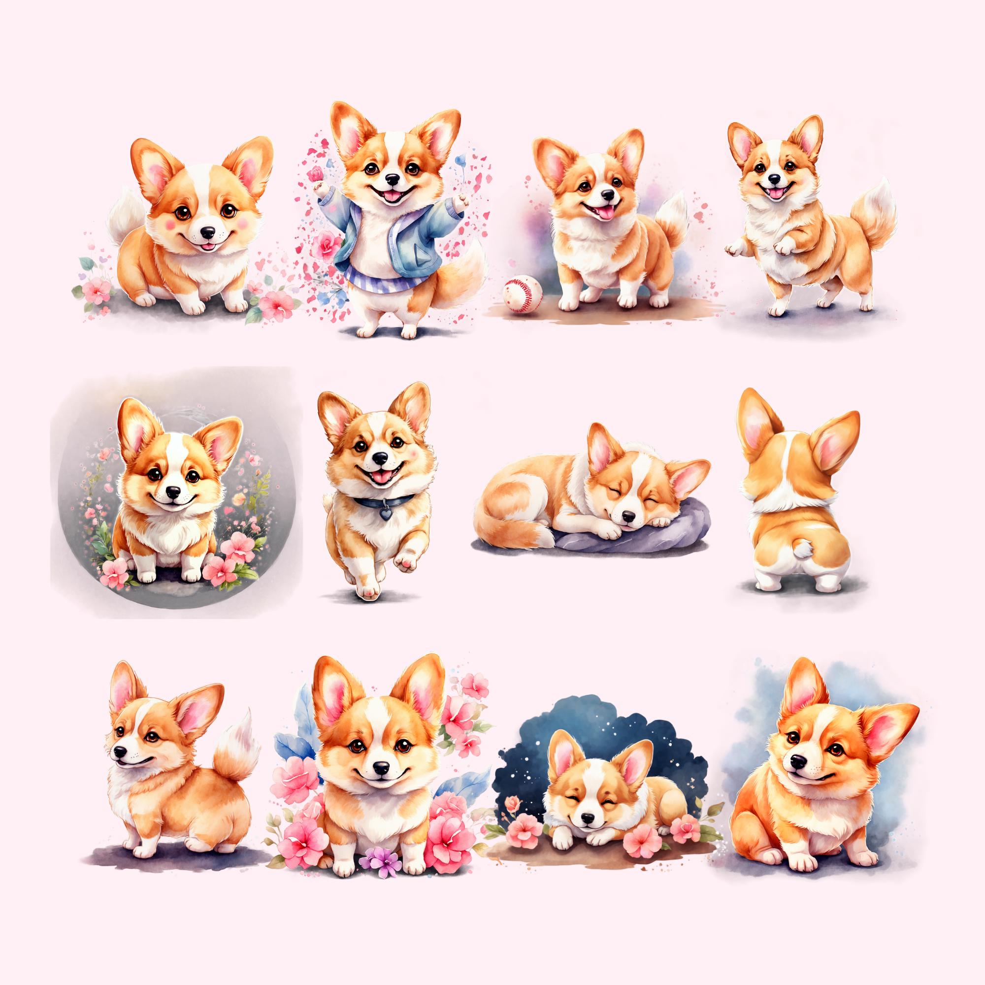 Watercolor Kawaii Corgi Clipart Set Cute Corgi Butt Funny Dogs Digital ...