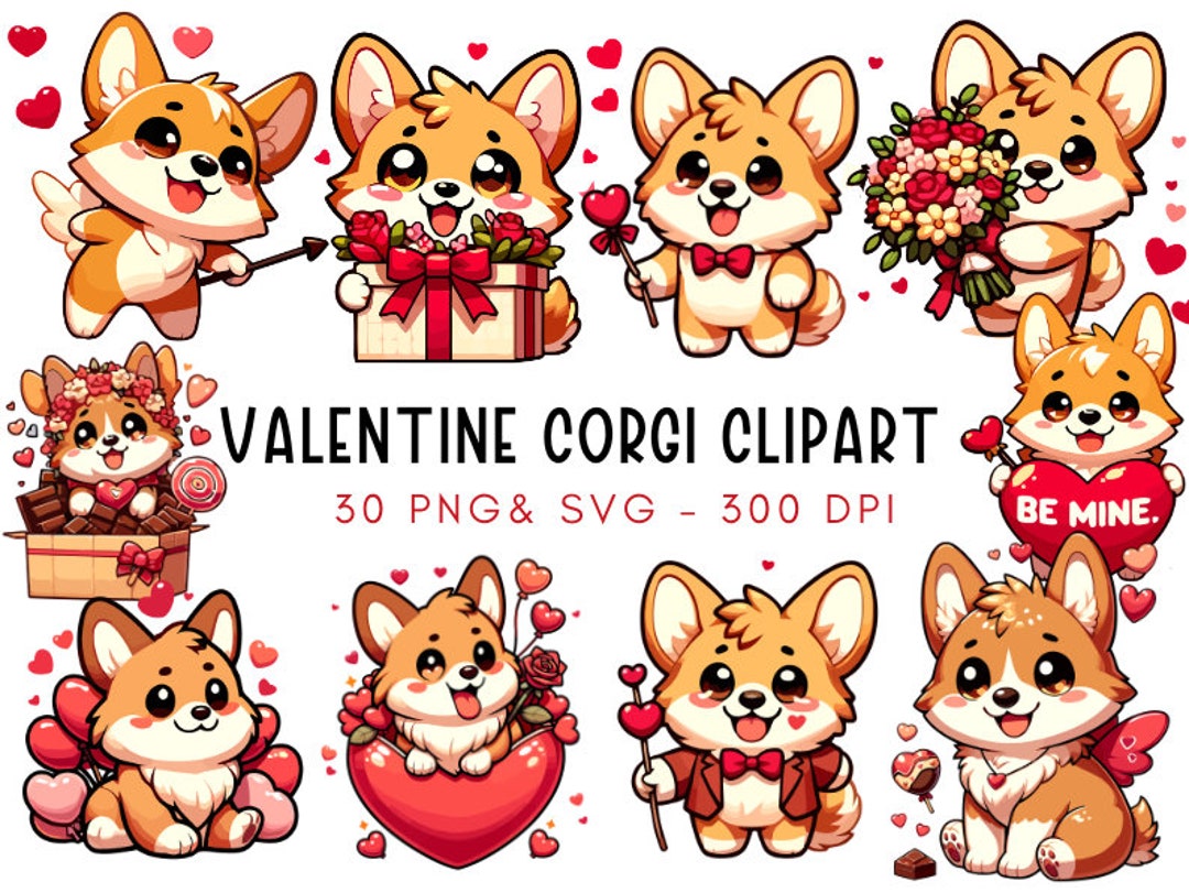 30 Kawaii Corgi Clipart Set Cute Corgi Valentines Dogs Digital Clipart ...