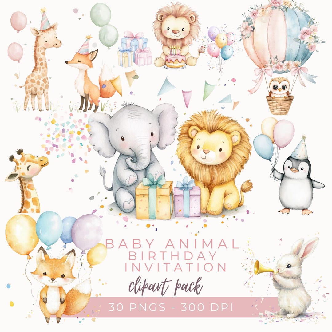 Baby Animal Birthday Invitation Clipart, Cute Animal Art, Watercolor ...