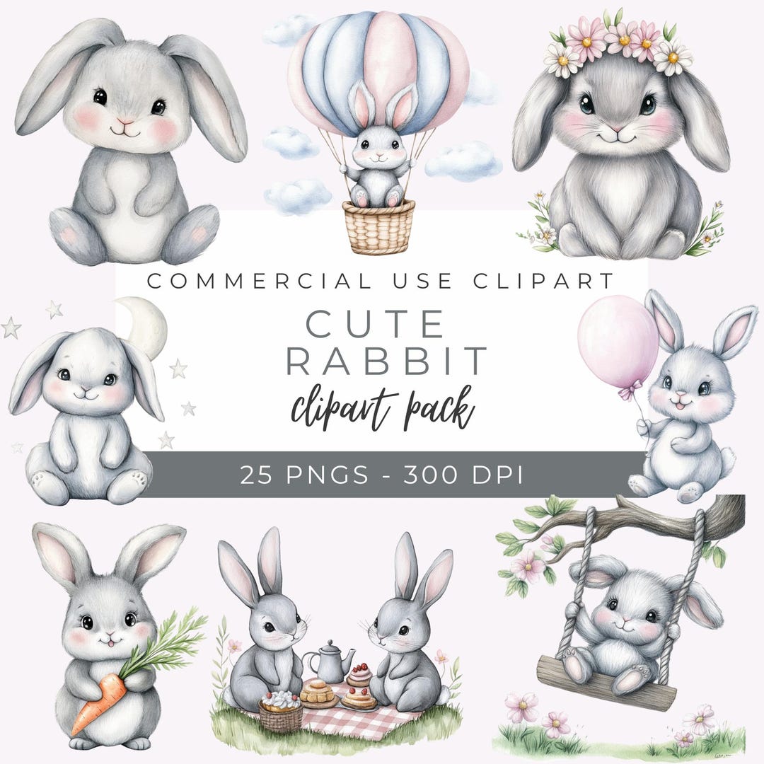 Watercolor Cute Rabbit Clipart, Bunny PNG, Nursery Animal Art, Easter ...