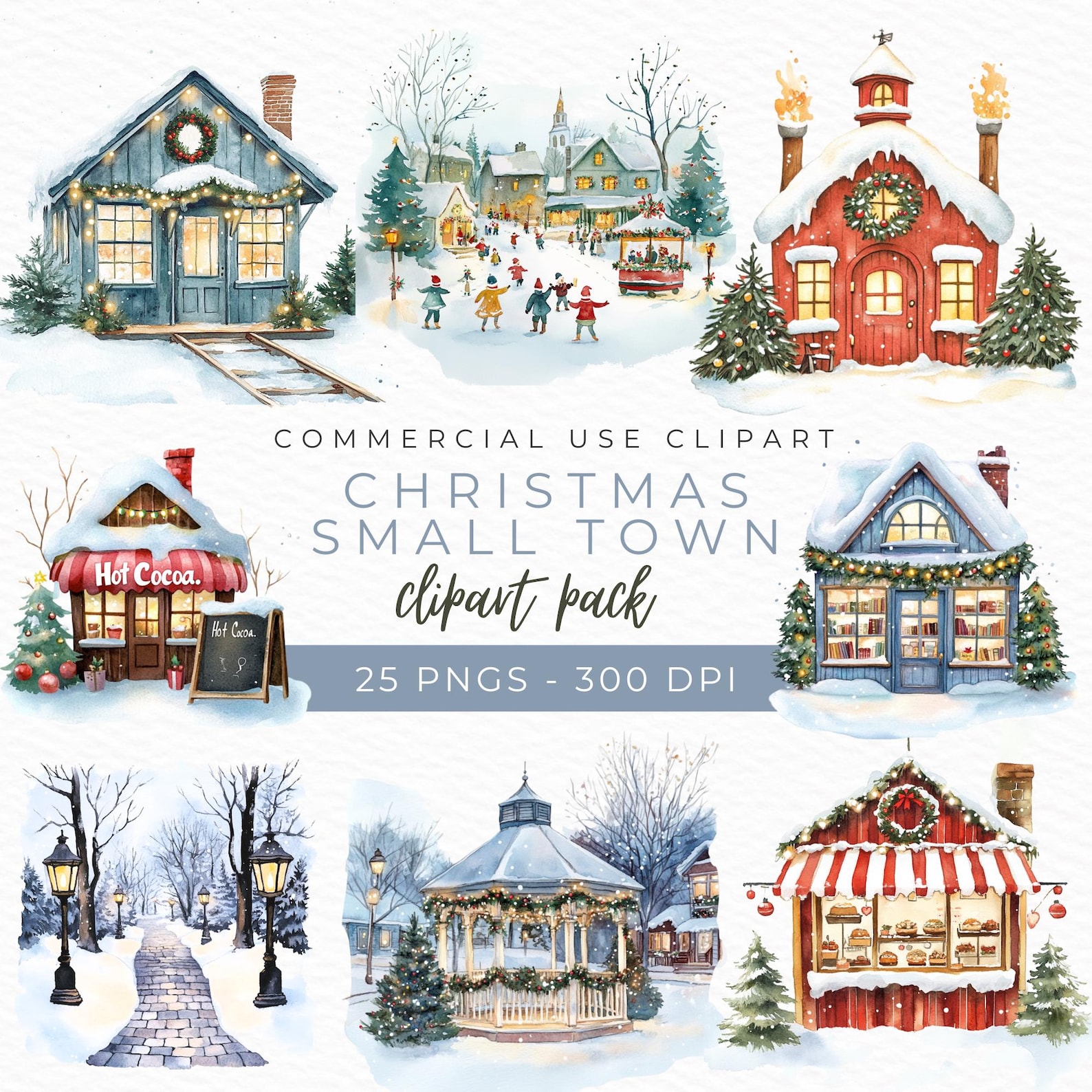 Christmas Small Town Clipart, Winter Village Scene, Festive Graphics ...