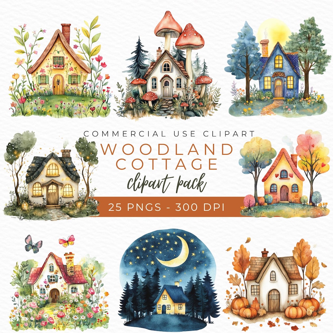 Woodland Cottage Clipart, Cozy Rustic Art, Whimsical Cottage Graphics ...
