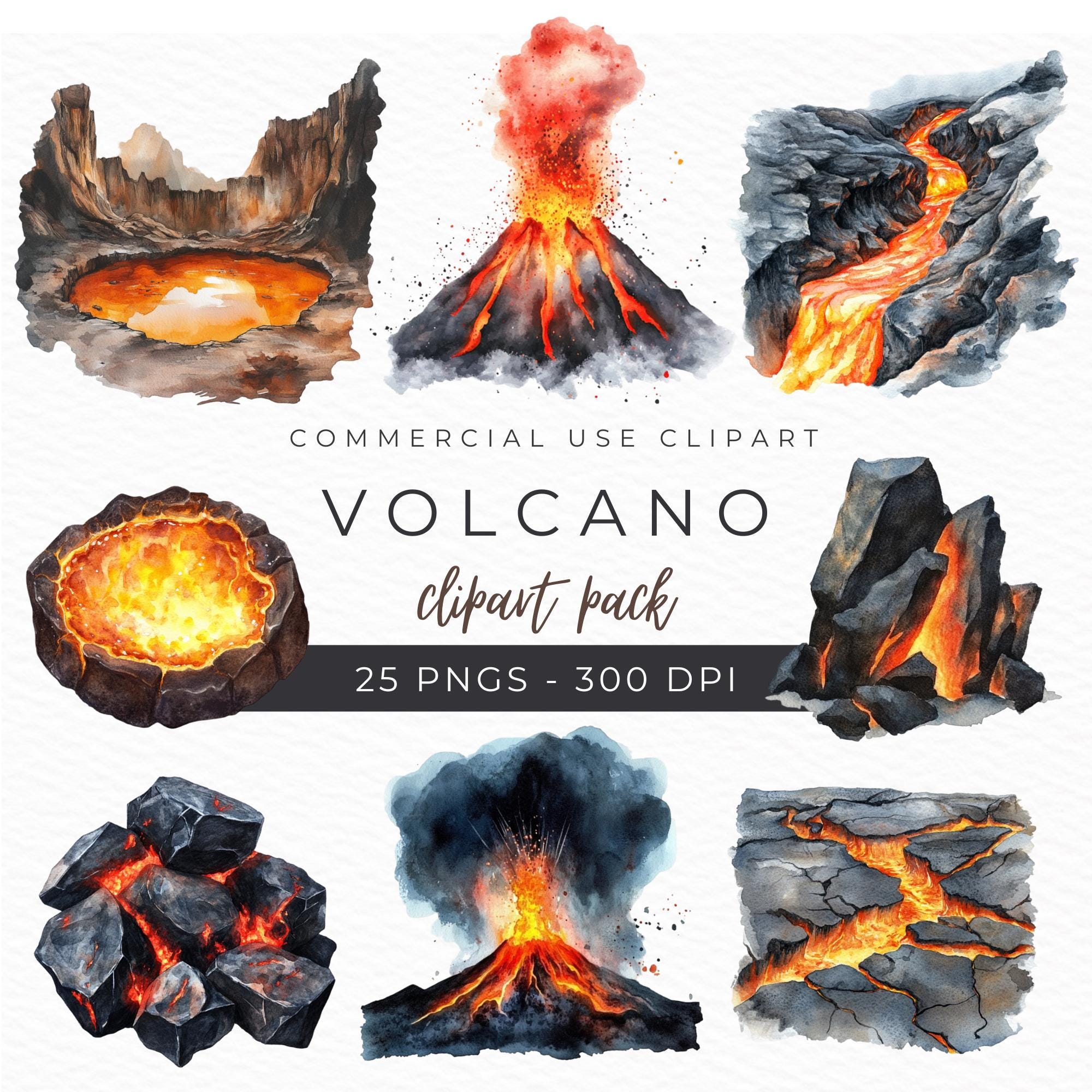 Volcano Clipart, Watercolor PNG, Volcano Eruption Art, Lava ...