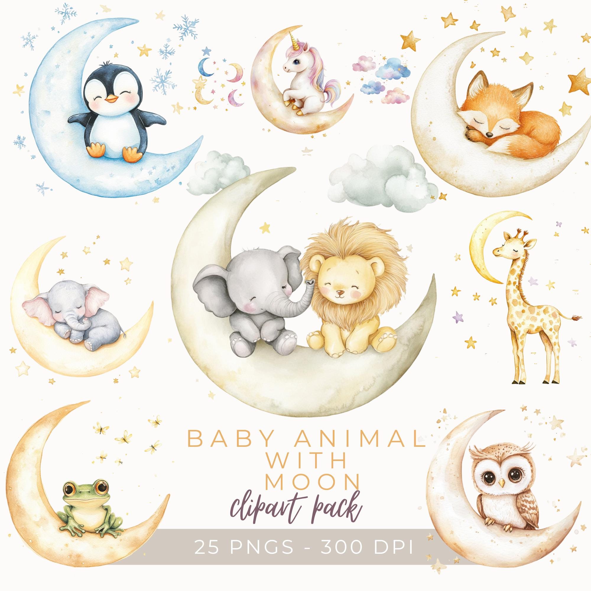 Baby Animal With Moon Clipart, Watercolor Nursery Decor, Cute Woodland ...