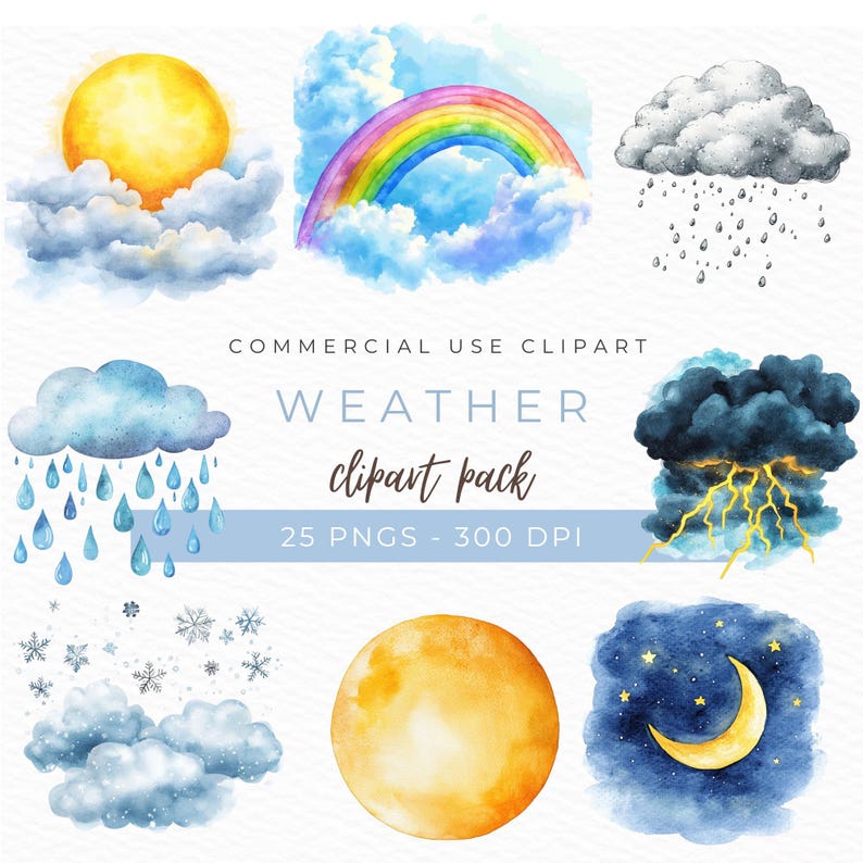Weather Clipart, Watercolor PNG, Cute Sun and Cloud Illustration, Storm ...
