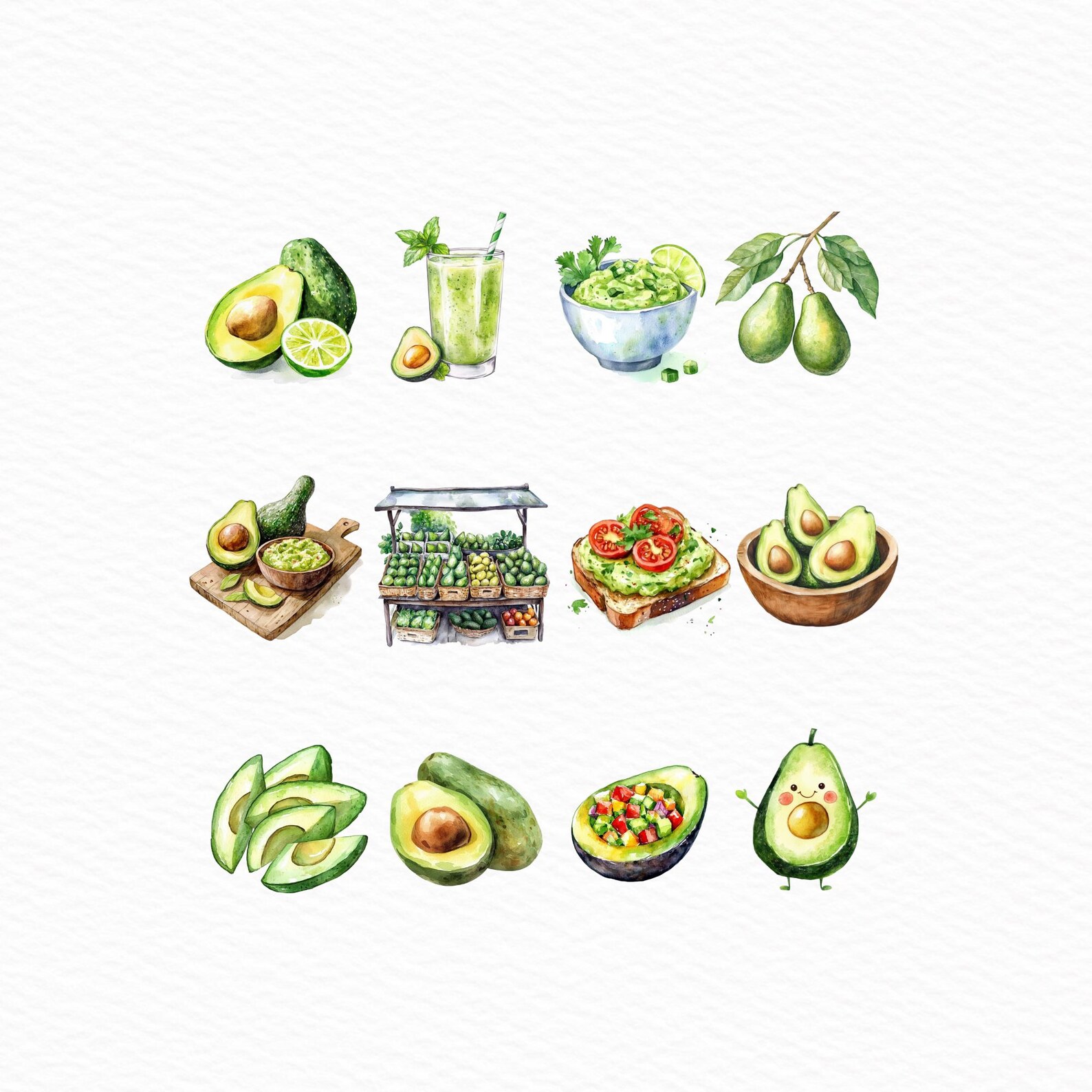 Avocado Clipart, Cute Avocado PNG, Watercolor Avocado Art, Kawaii Food ...