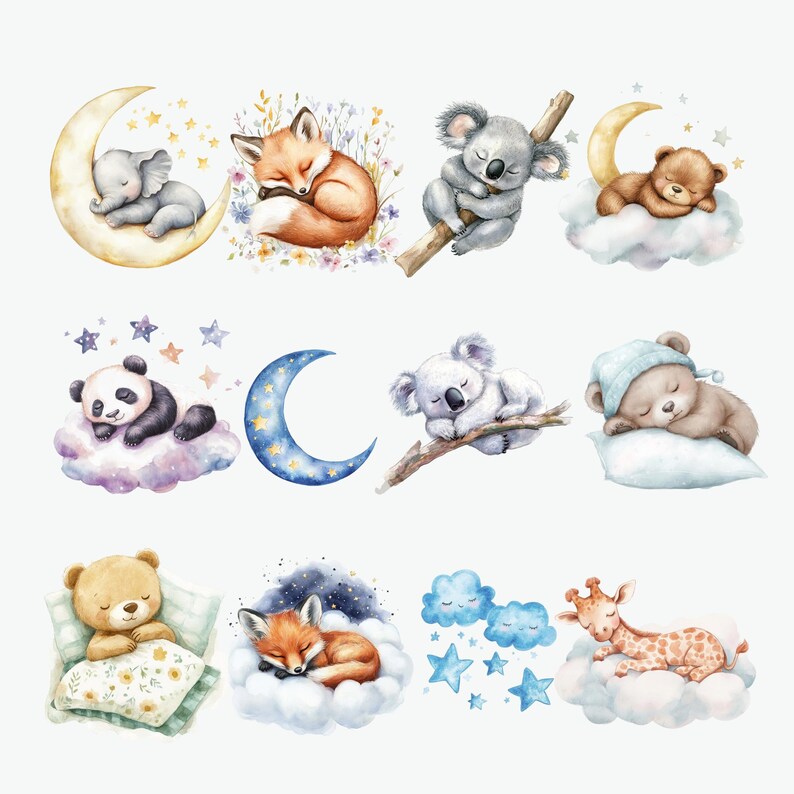 Sleeping Baby Animal Clipart, Cute Watercolor Animals for Nursery Wall ...