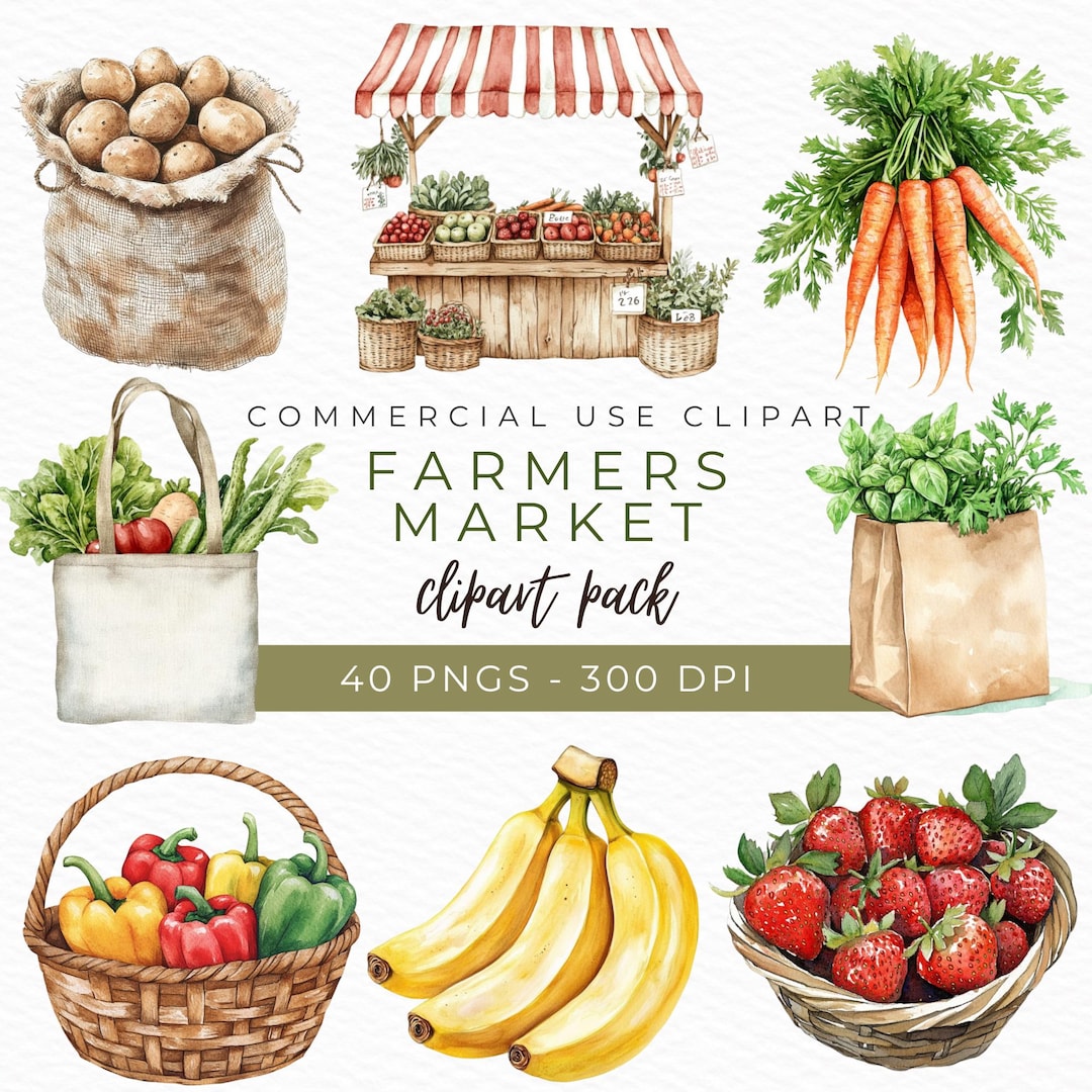Watercolor Farmers Market Clipart, Fresh Produce Art, Vegetable PNG ...