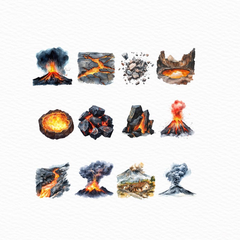 Volcano Clipart, Watercolor PNG, Volcano Eruption Art, Lava ...