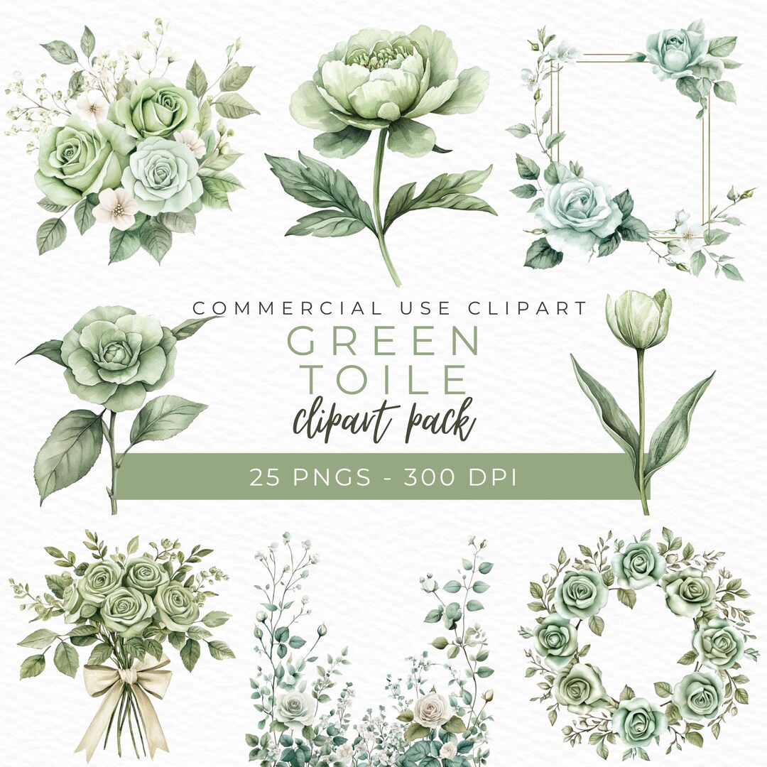 Green Toile Floral Clipart, Watercolor Floral Art, Vintage Flower PNG ...