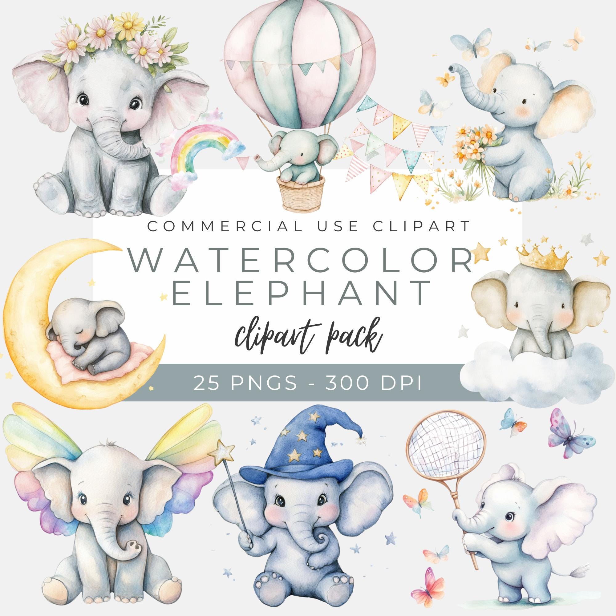 Watercolor Elephant Clipart, Cute Baby Elephant PNG, Nursery Decor ...