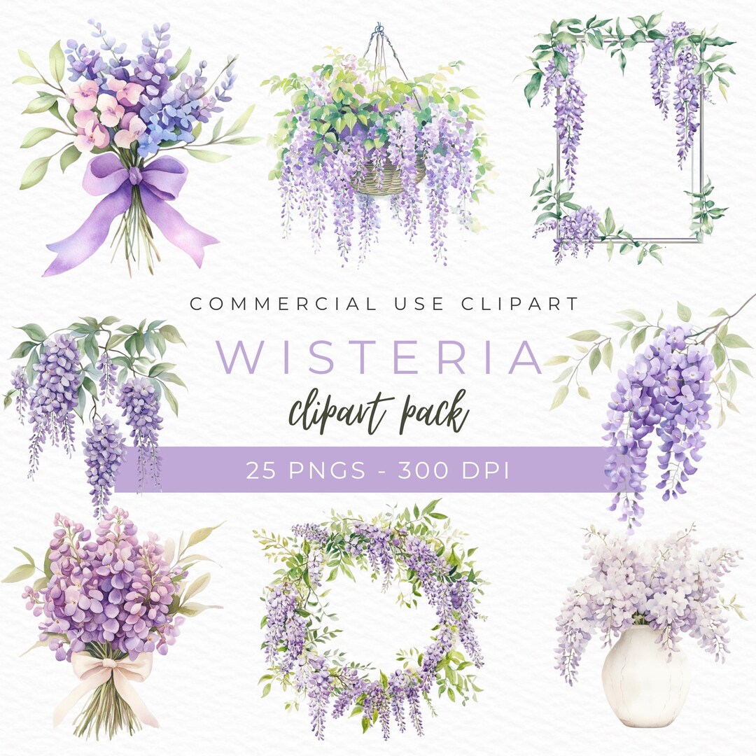 Wisteria Clipart, Watercolor Floral Art, Purple Flowers PNG, Botanical ...