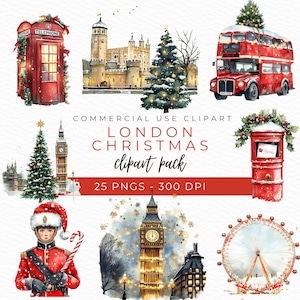 London Christmas Clipart, Holiday London Art, Watercolor Festive ...
