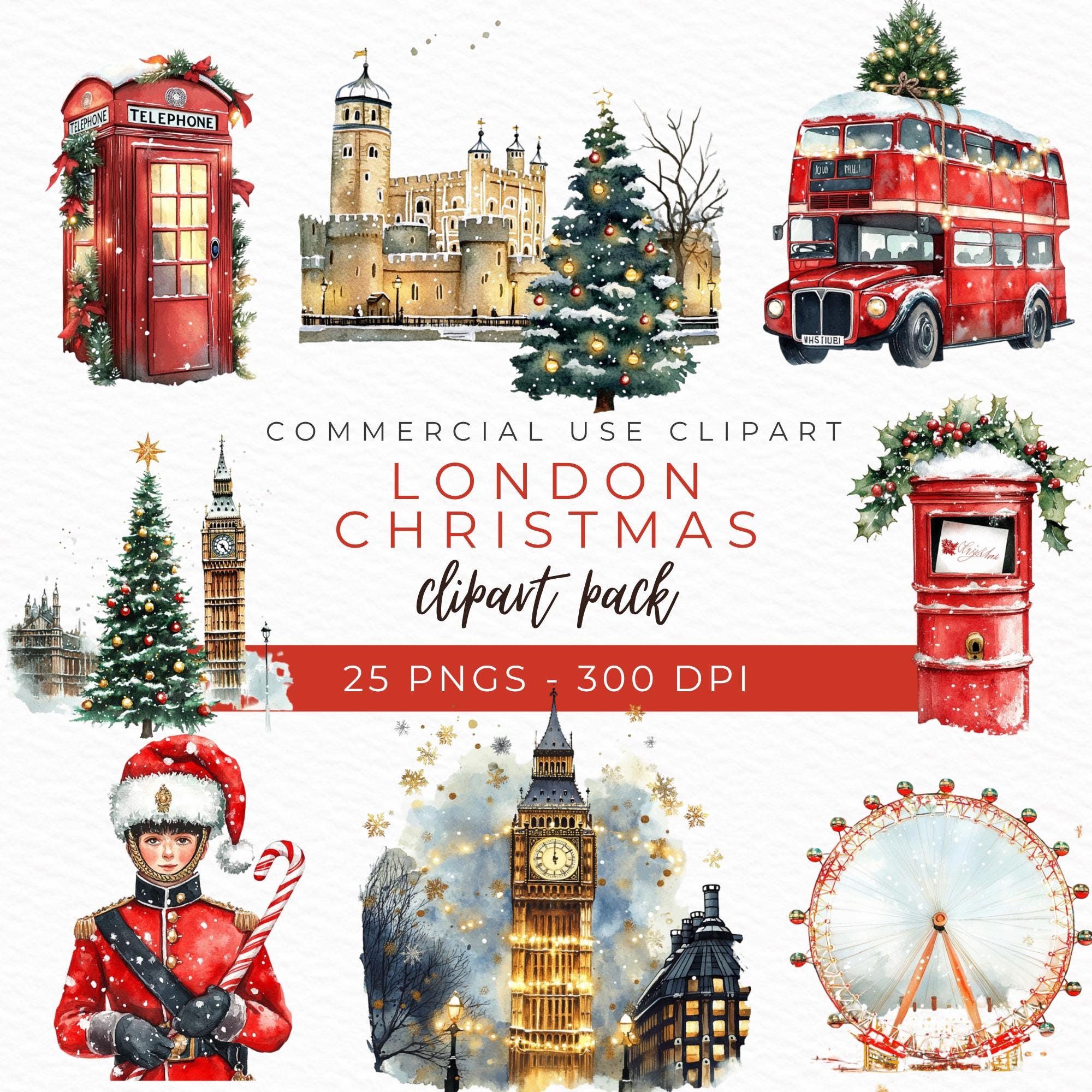 London Christmas Clipart, Holiday London Art, Watercolor Festive ...