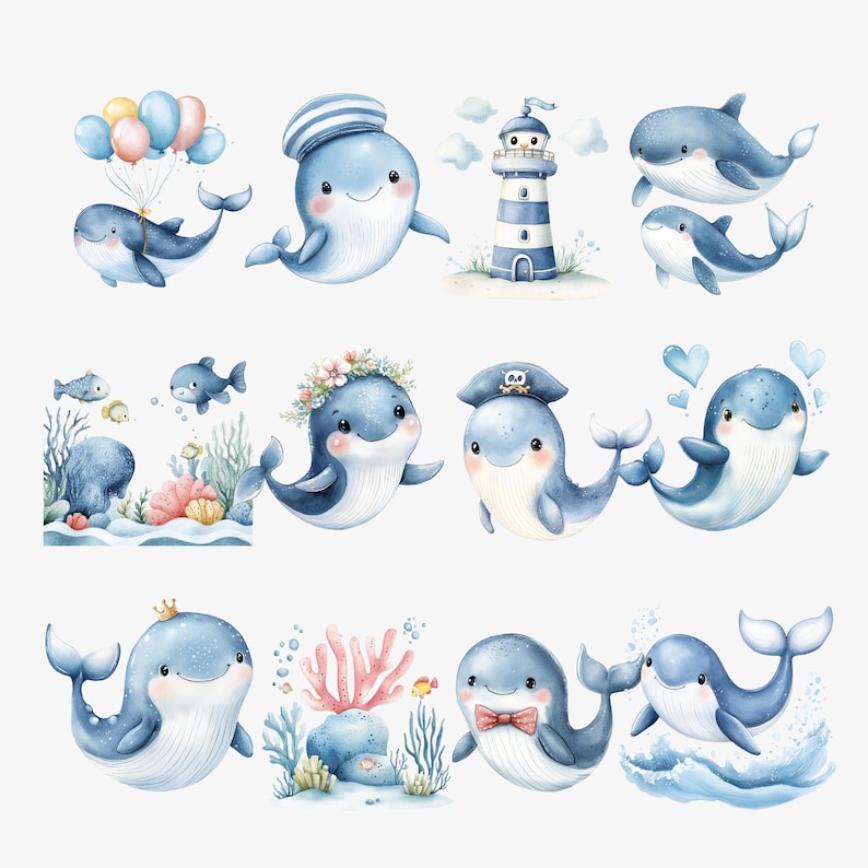 Cute Whale Clipart, Watercolor Whale PNG, Under the Sea Clipart,ocean ...