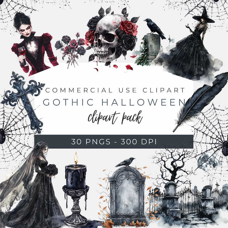 Gothic Halloween Clipart Pack, Dark and Spooky PNG Graphics, Vintage ...