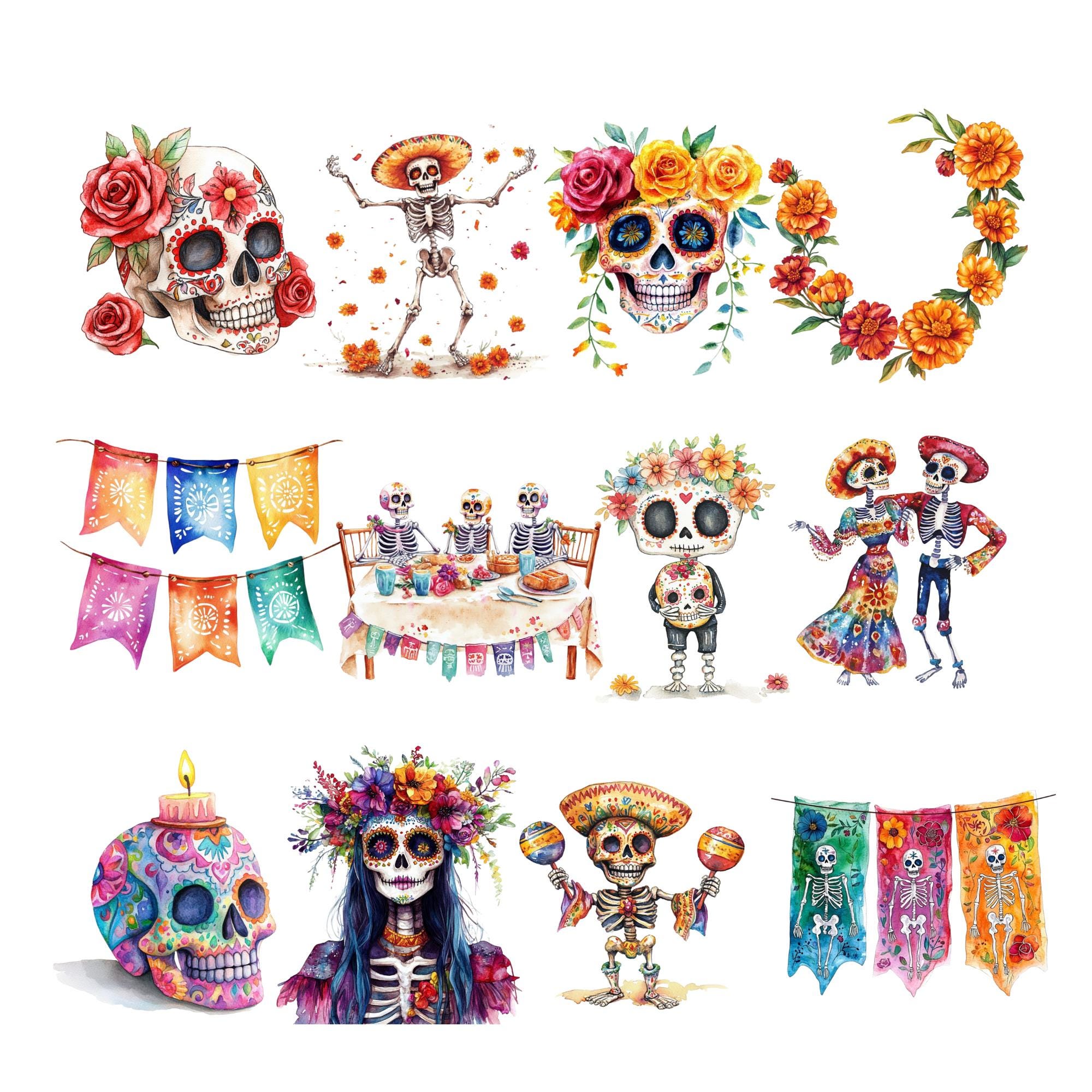 Day of the Dead Clipart, Sugar Skull Illustrations, Dia De Los Muertos ...