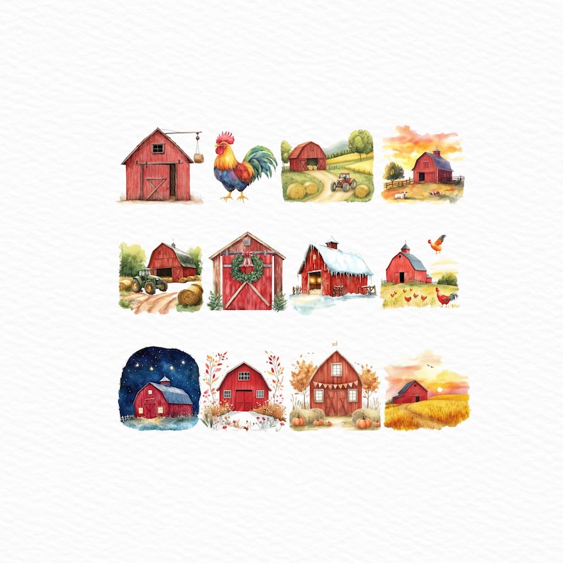 Red Barn Watercolor Clipart: Rustic Farmhouse Illustration (instant ...