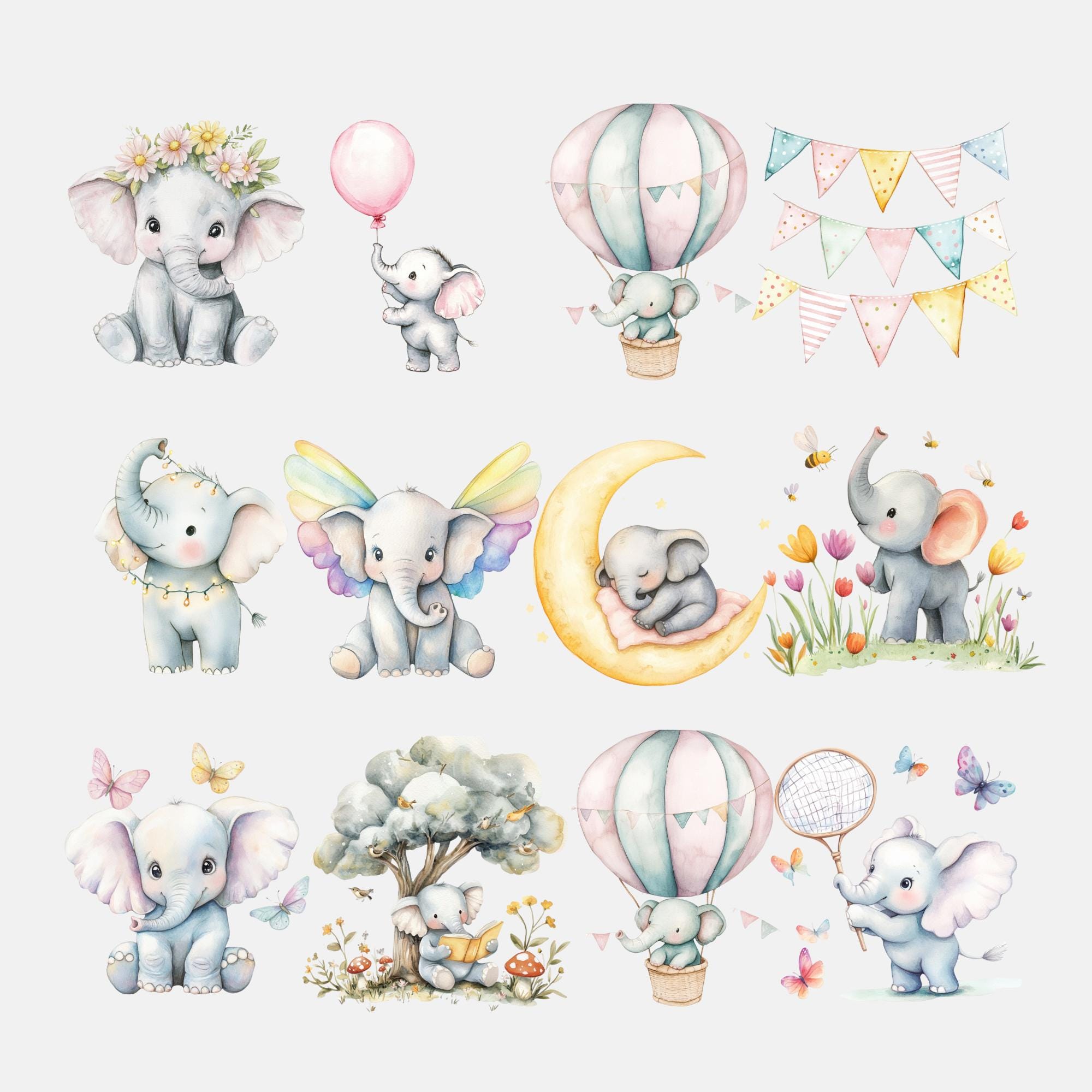 Watercolor Elephant Clipart, Cute Baby Elephant PNG, Nursery Decor ...