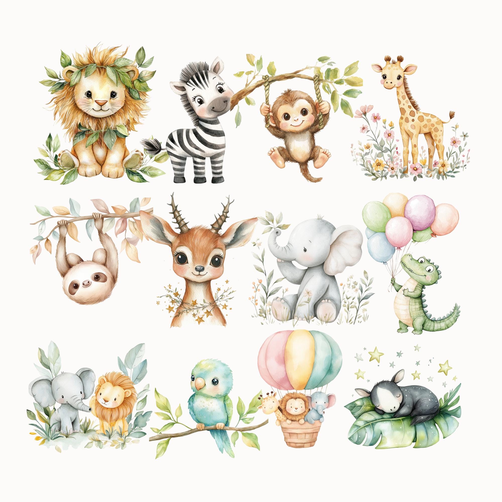 Jungle Baby Animal Clipart, Safari Nursery Art, Watercolor Jungle ...