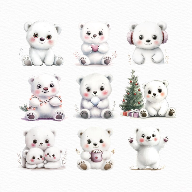 Polar Bear Clipart, Baby Polar Bear PNG, Winter Animal Art, Christmas ...