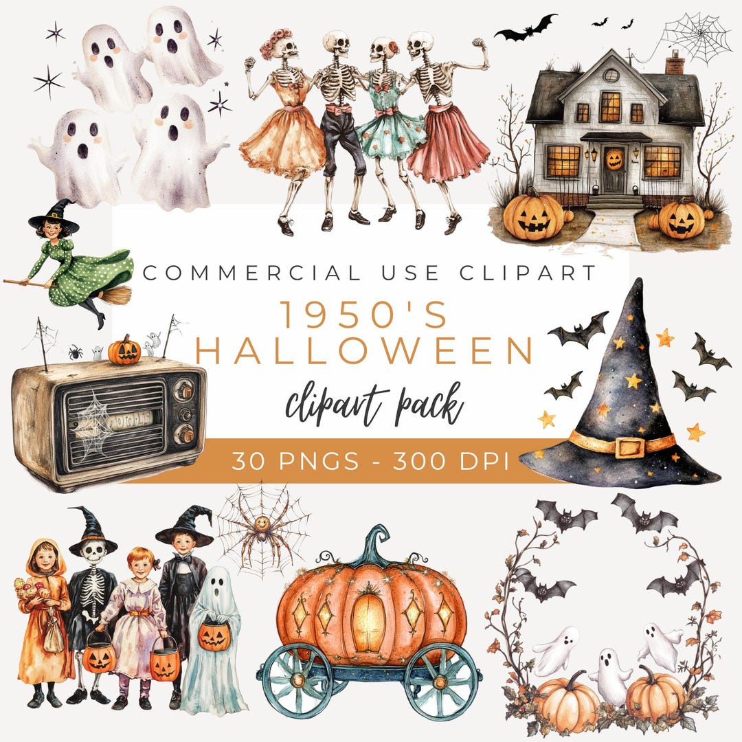 1950s Halloween Clipart, Retro Witch Clipart, Vintage Halloween Kids ...