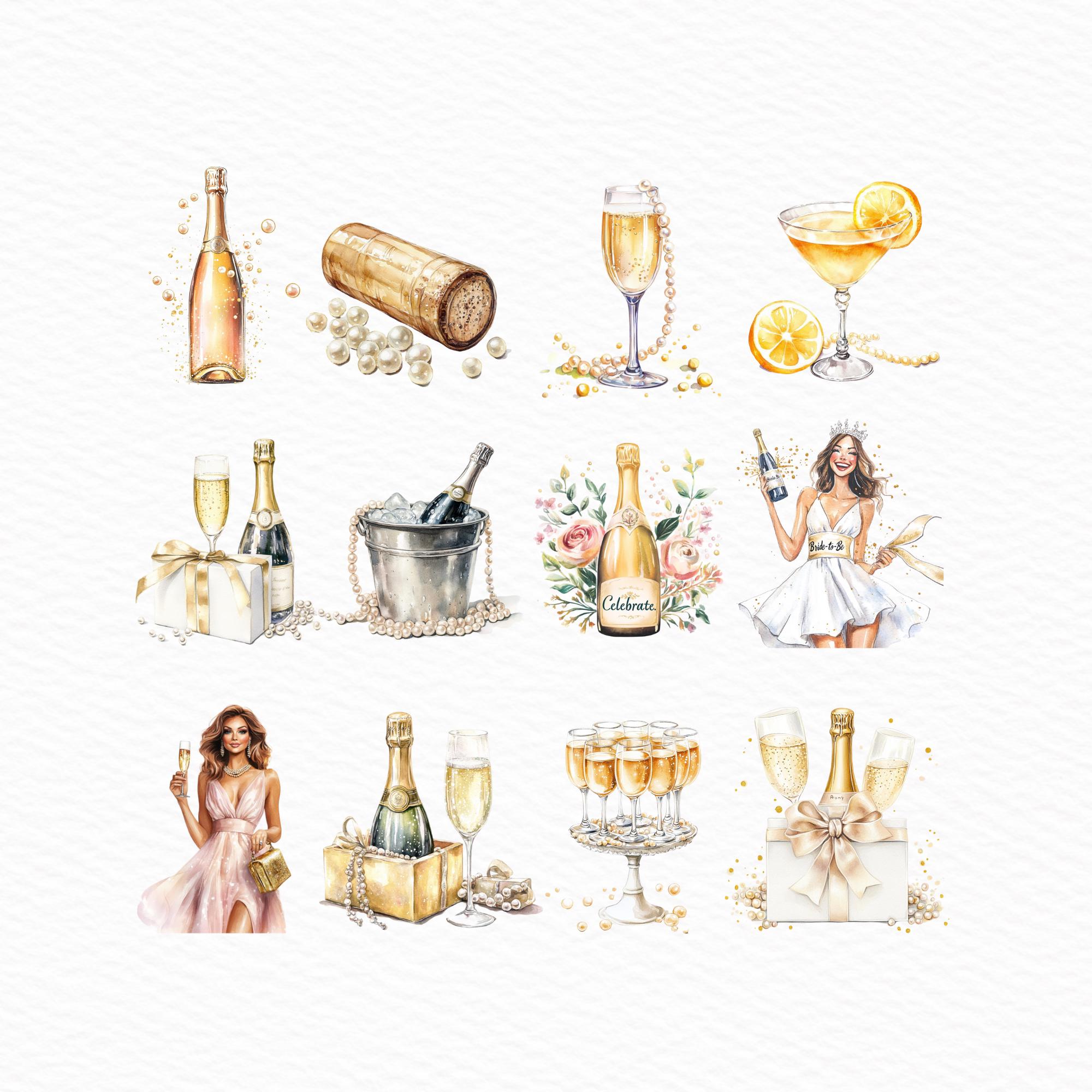 Pearls Prosecco Clipart, Watercolor Champagne Art, Bridal Shower ...