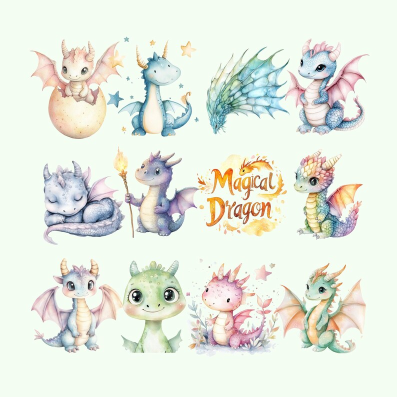 Watercolor Baby Dragon Clipart: Kawaii Fantasy Art (PNG, Instant ...