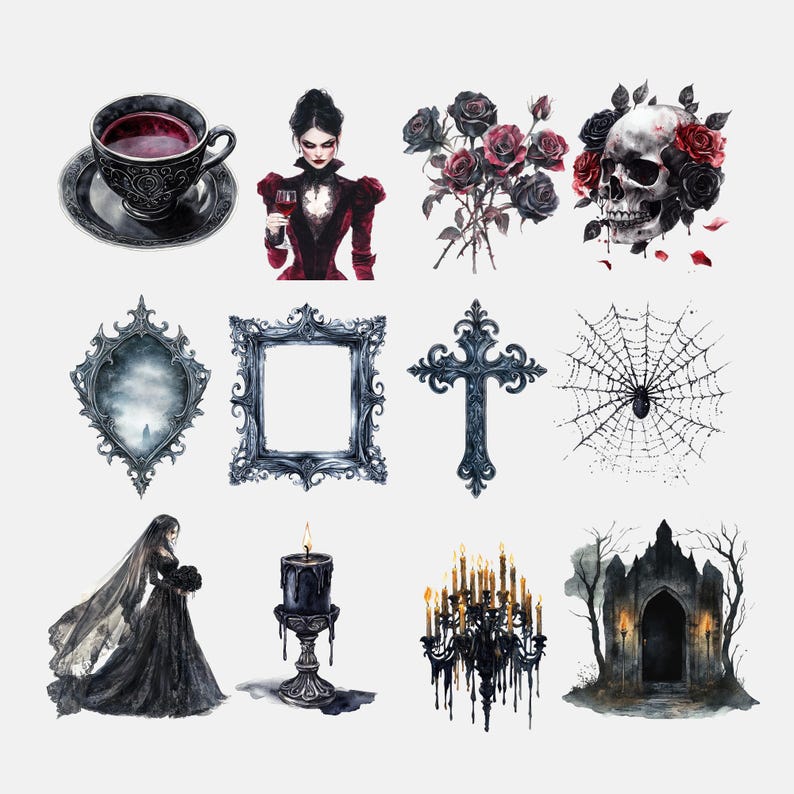 Gothic Halloween Clipart Pack, Dark and Spooky PNG Graphics, Vintage ...