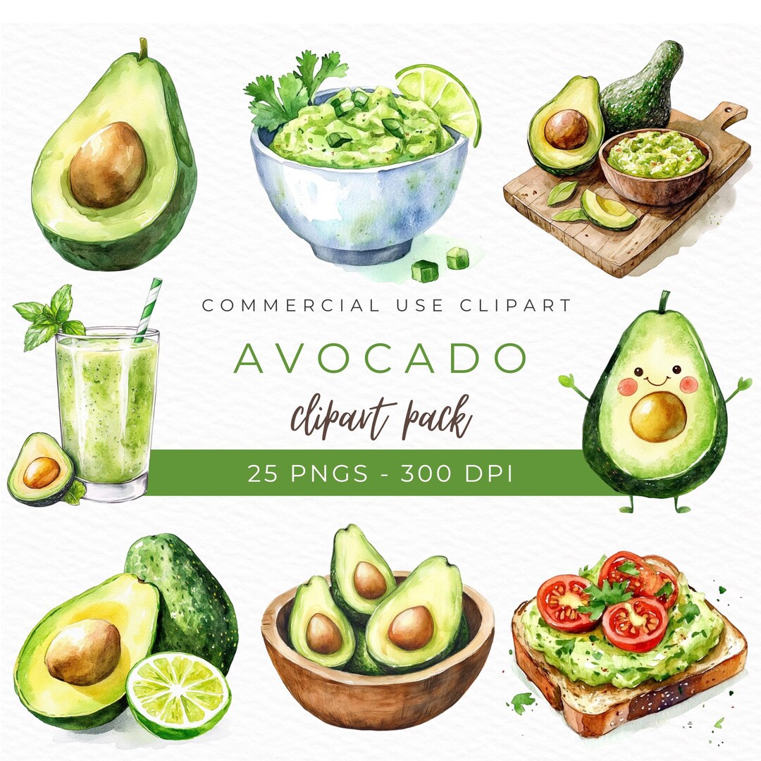 Avocado Clipart, Cute Avocado PNG, Watercolor Avocado Art, Kawaii Food ...