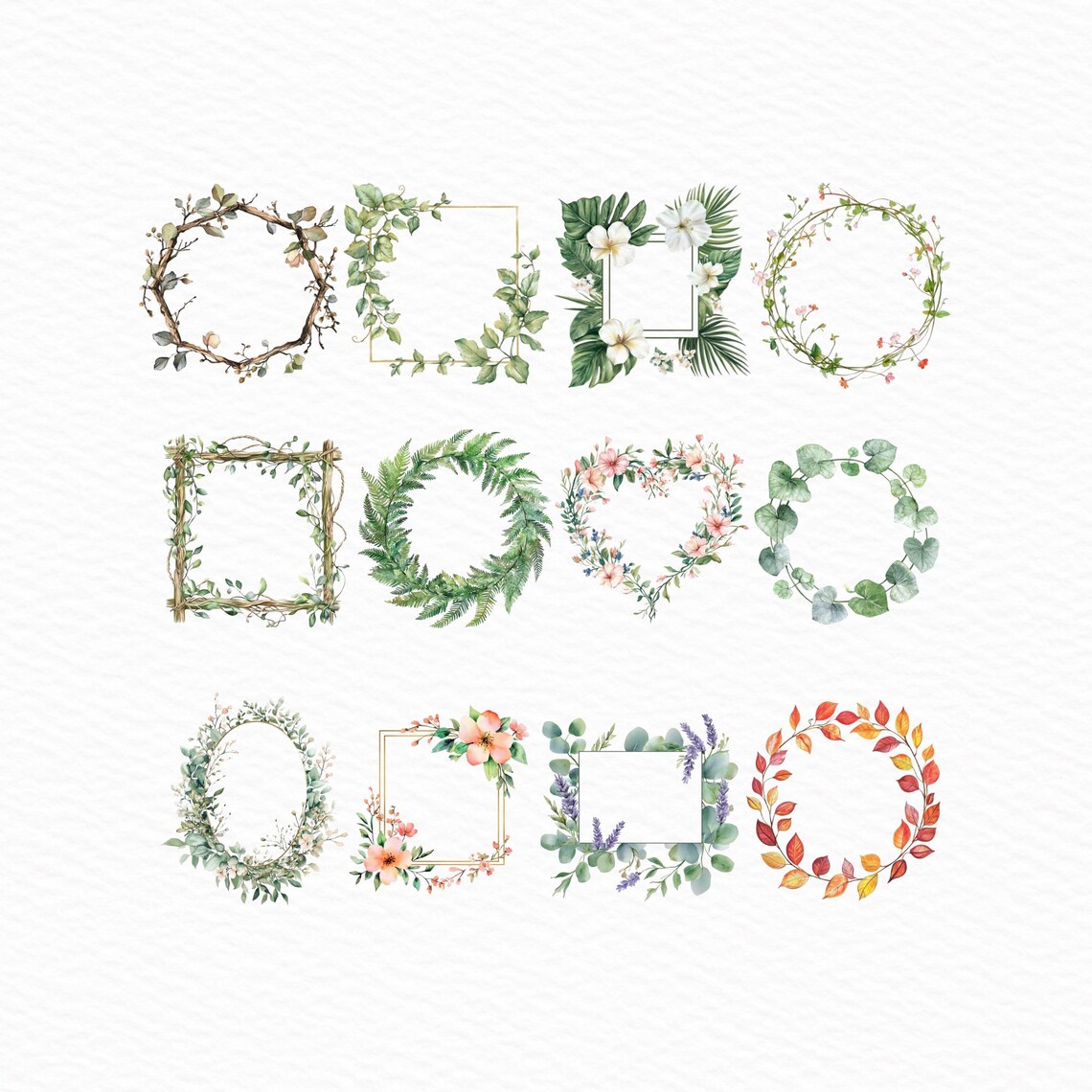 Leafy Frames Clipart, Botanical Frame PNG, Floral Wreath Art, Greenery ...