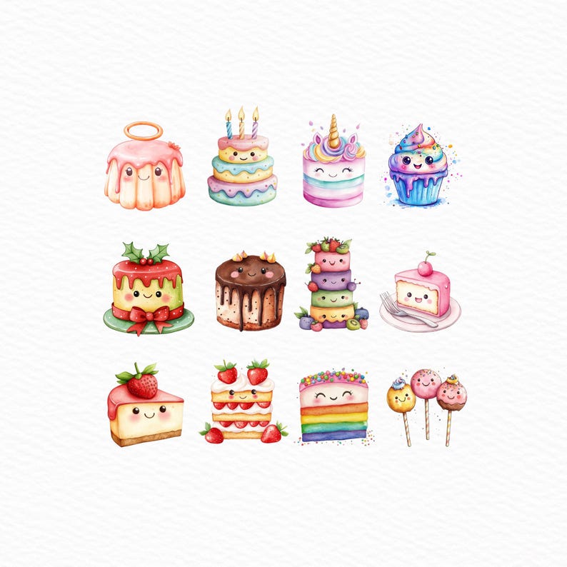 Kawaii Cake Clipart, Watercolor PNG, Cute Dessert Illustration, Sweet ...
