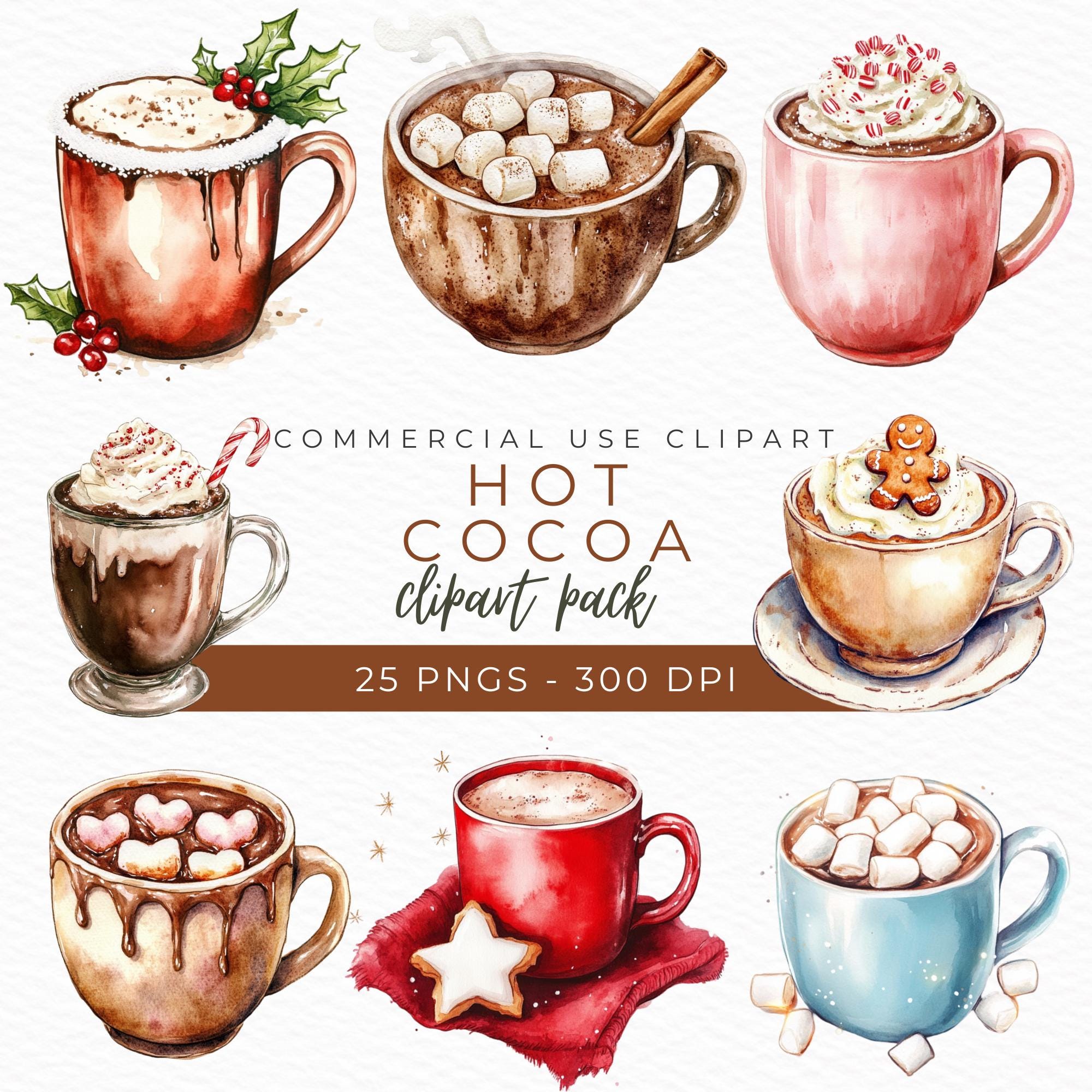 Watercolor Hot Cocoa Clipart, Cozy Winter Art, Christmas Drinks PNG ...