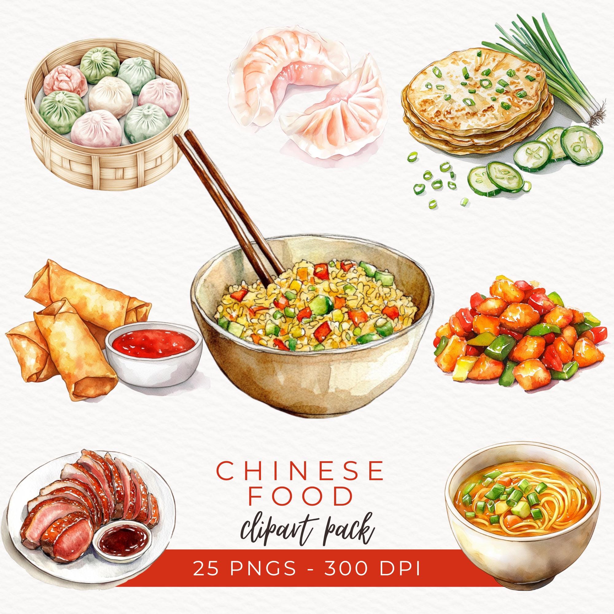 Chinese Food Clipart, Asian Cuisine Art, Watercolor Dumplings, Cute Dim ...